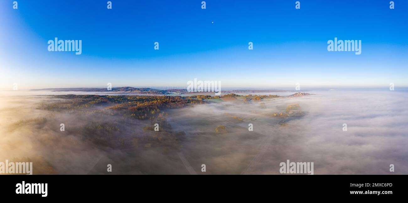 Drone image of morning ground fog over fields in the German province of North Hesse near the ...