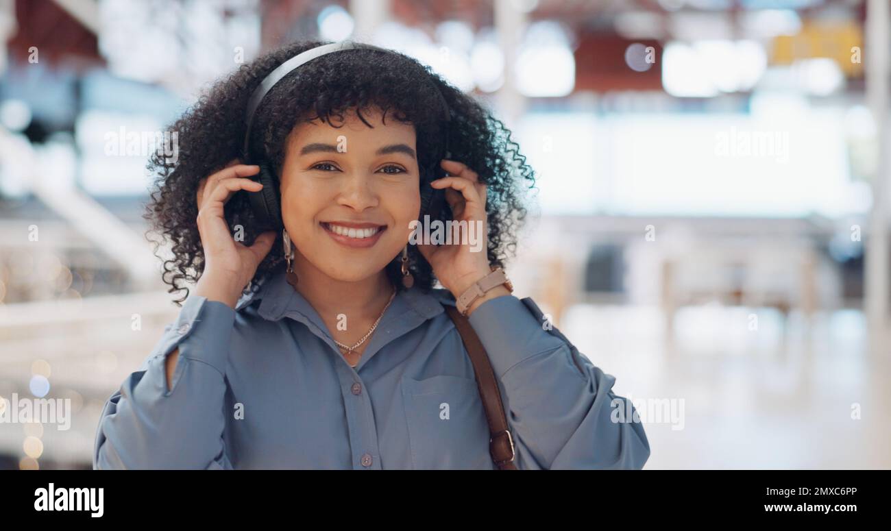 Music, headphones and black woman in mall for freedom, relax and calm ...