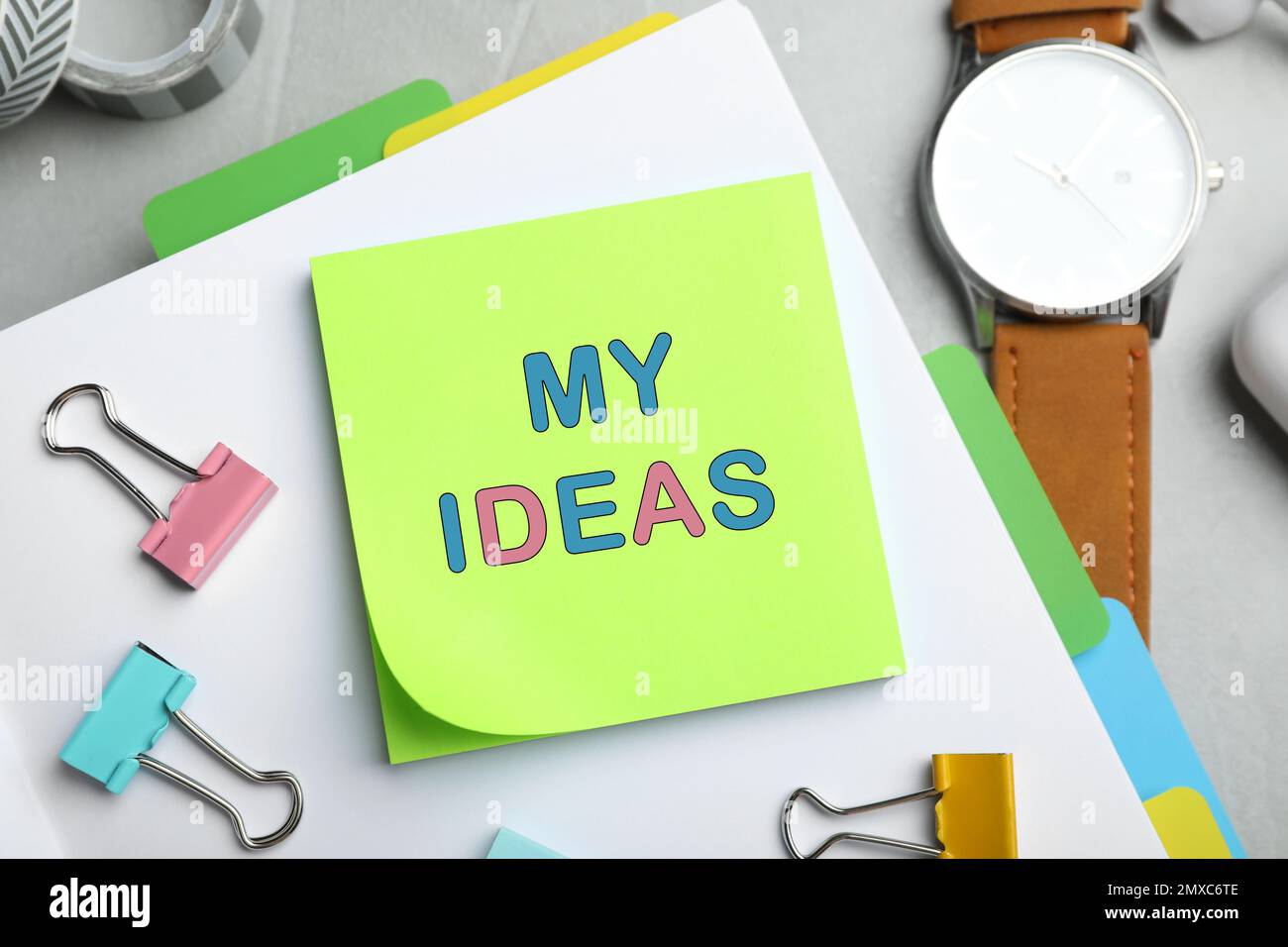 Note with words MY IDEAS and stationery on table, flat lay Stock Photo ...