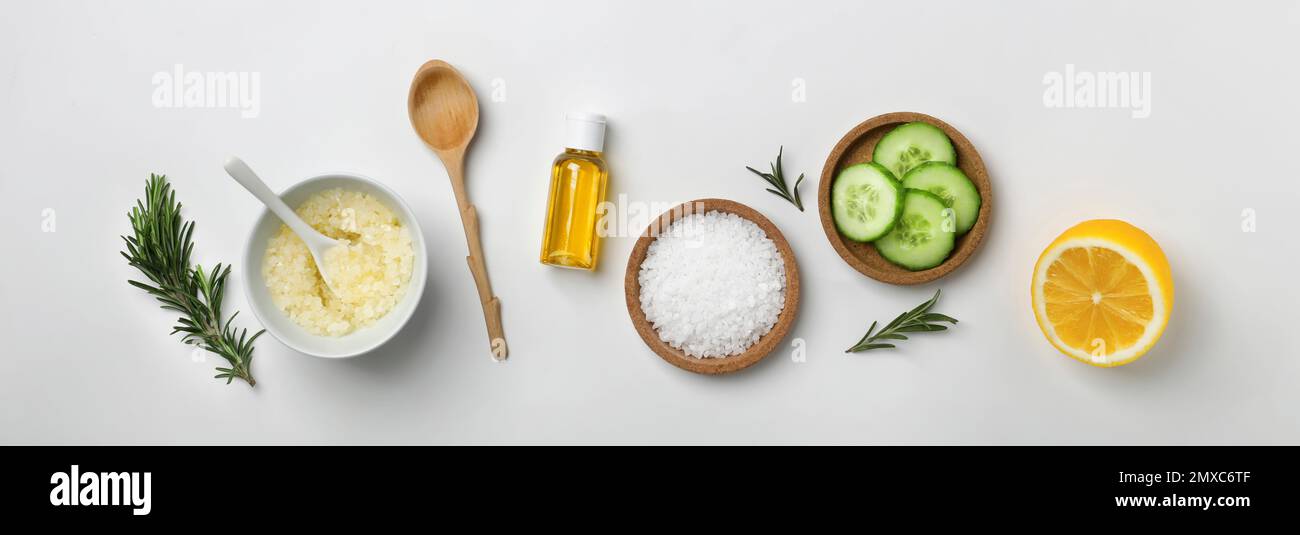 Fresh ingredients for homemade cosmetic product on white background ...