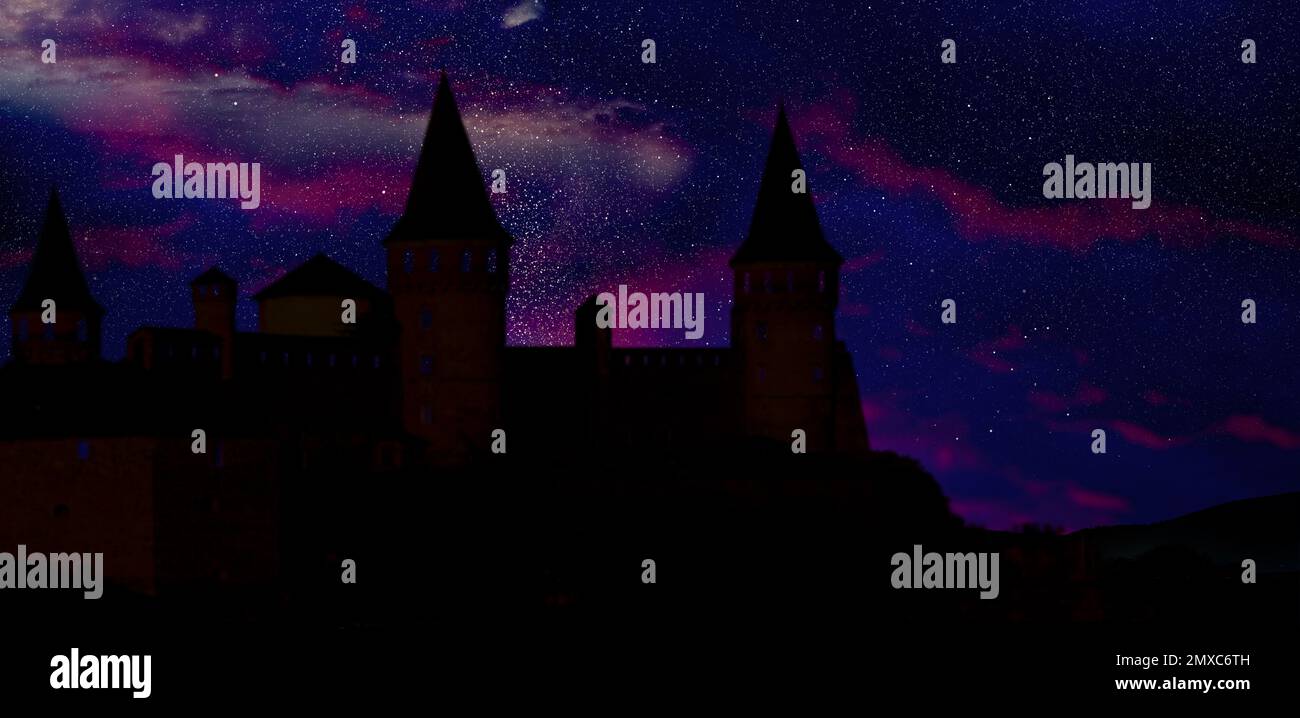 Fairy tale world. Magnificent castle under starry sky at night, banner ...