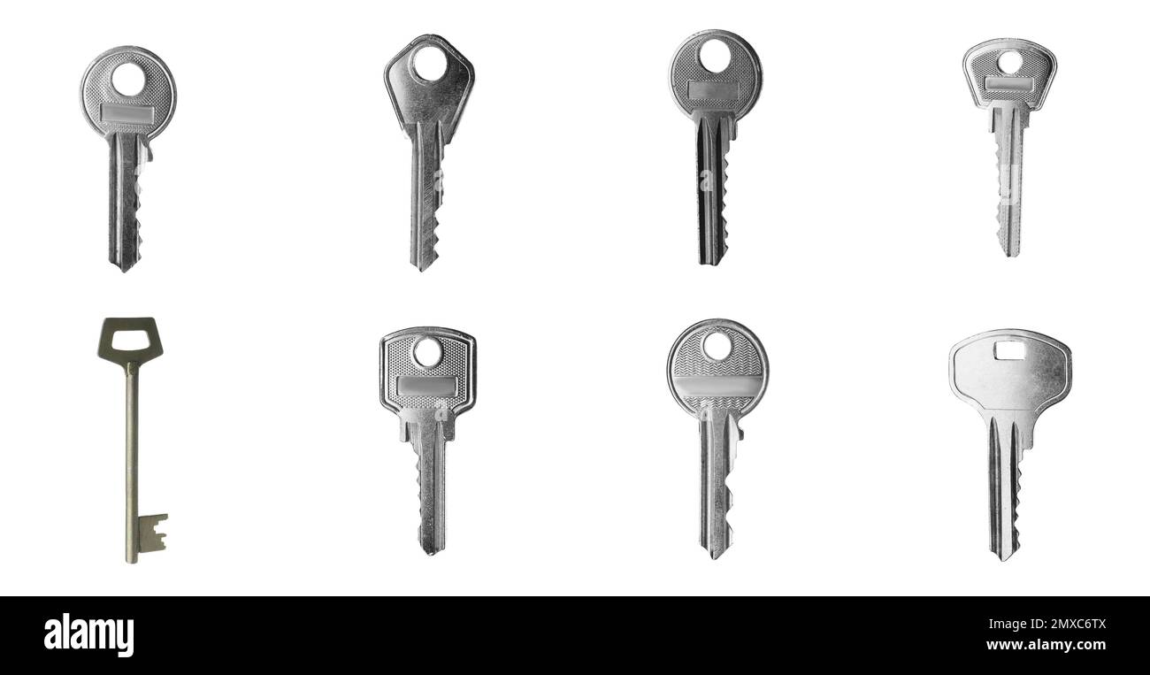 Set of modern steel keys on white background. Banner design Stock Photo ...