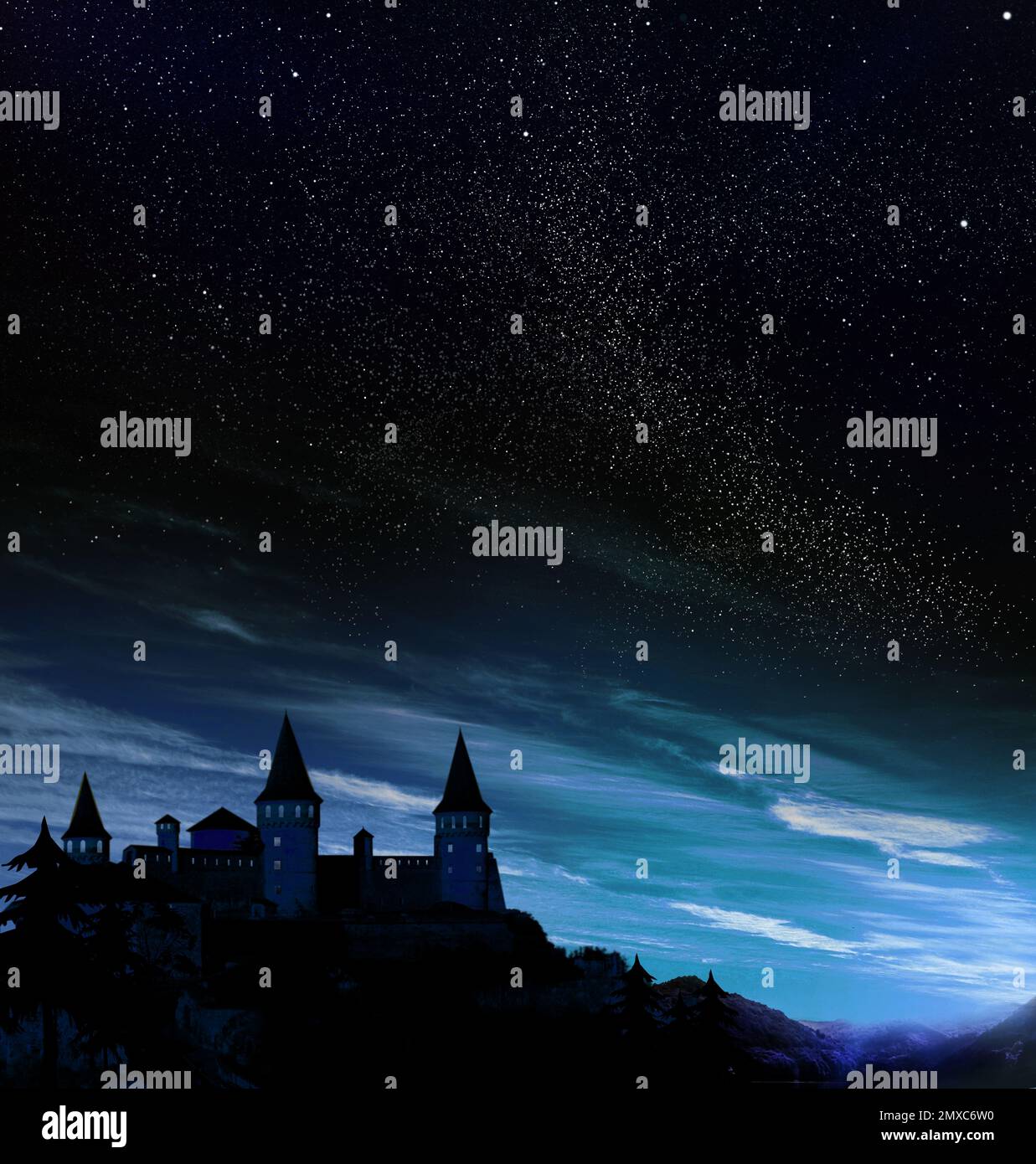 Fairy tale world. Magnificent castle under starry sky at night Stock ...