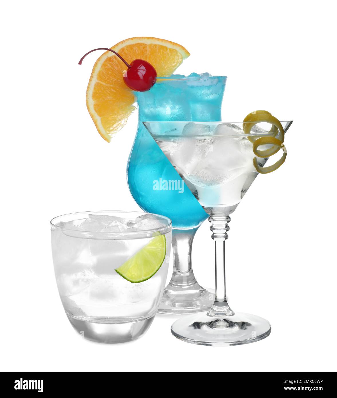 Set of refreshing alcoholic drinks on white background Stock Photo - Alamy