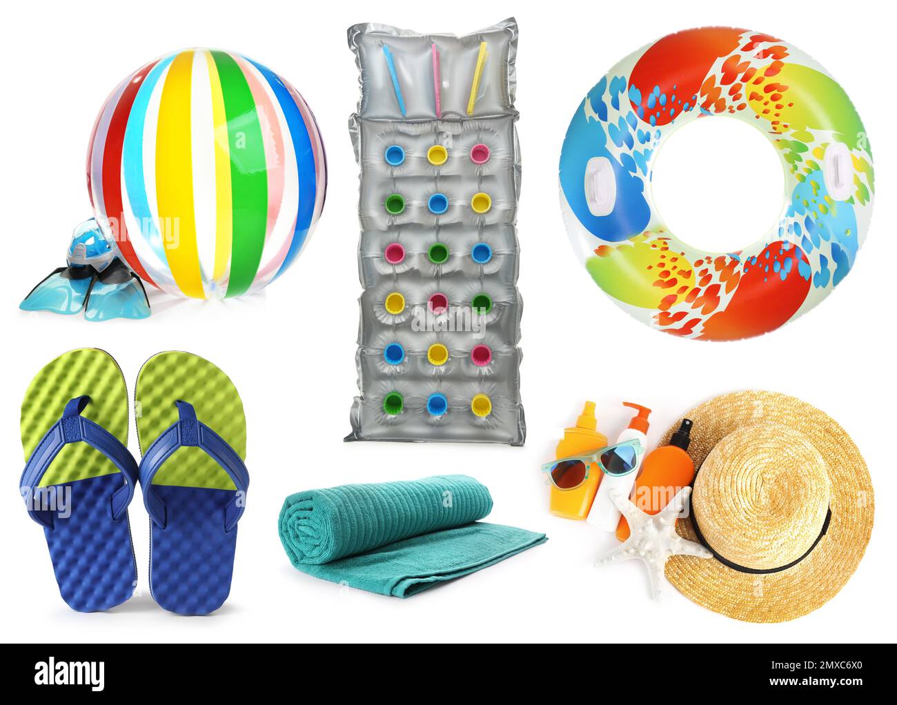 Set of different stylish beach objects on white background Stock Photo ...