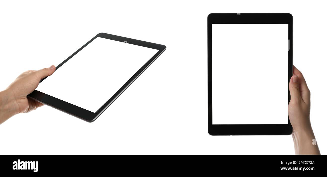 Woman holding tablet computer on white background, closeup. Banner ...