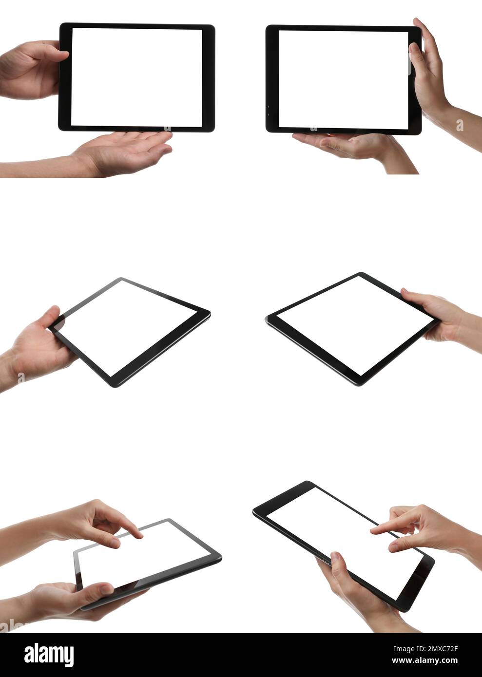 Collage with photos of people holding tablet computer on white ...