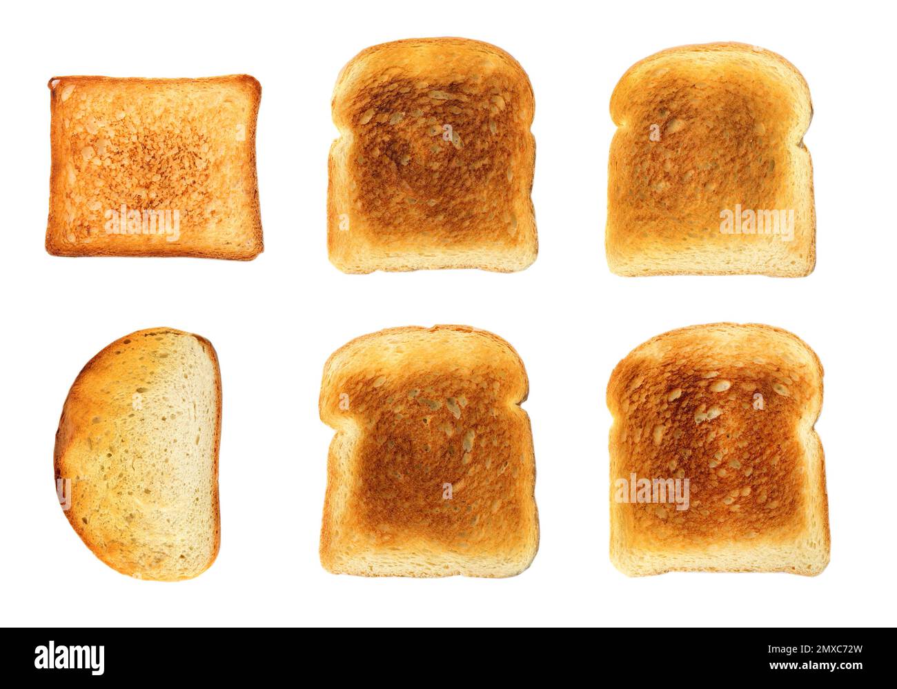Set with toasted slices of wheat bread on white background, top view ...