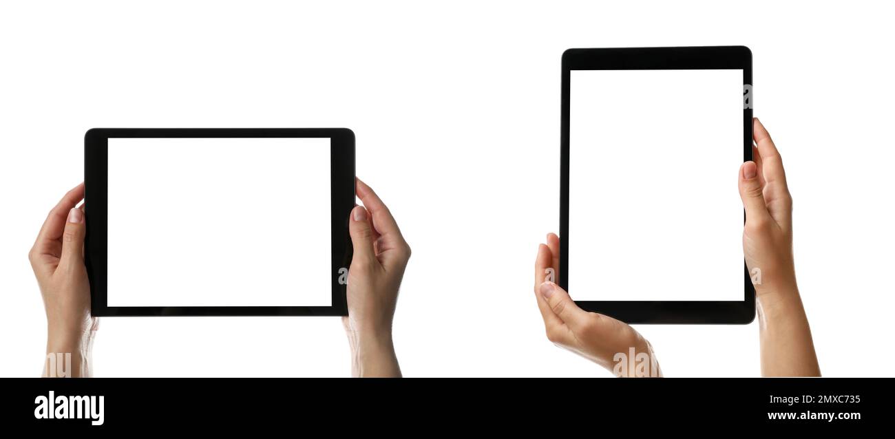 Woman holding tablet computer on white background, closeup. Banner ...