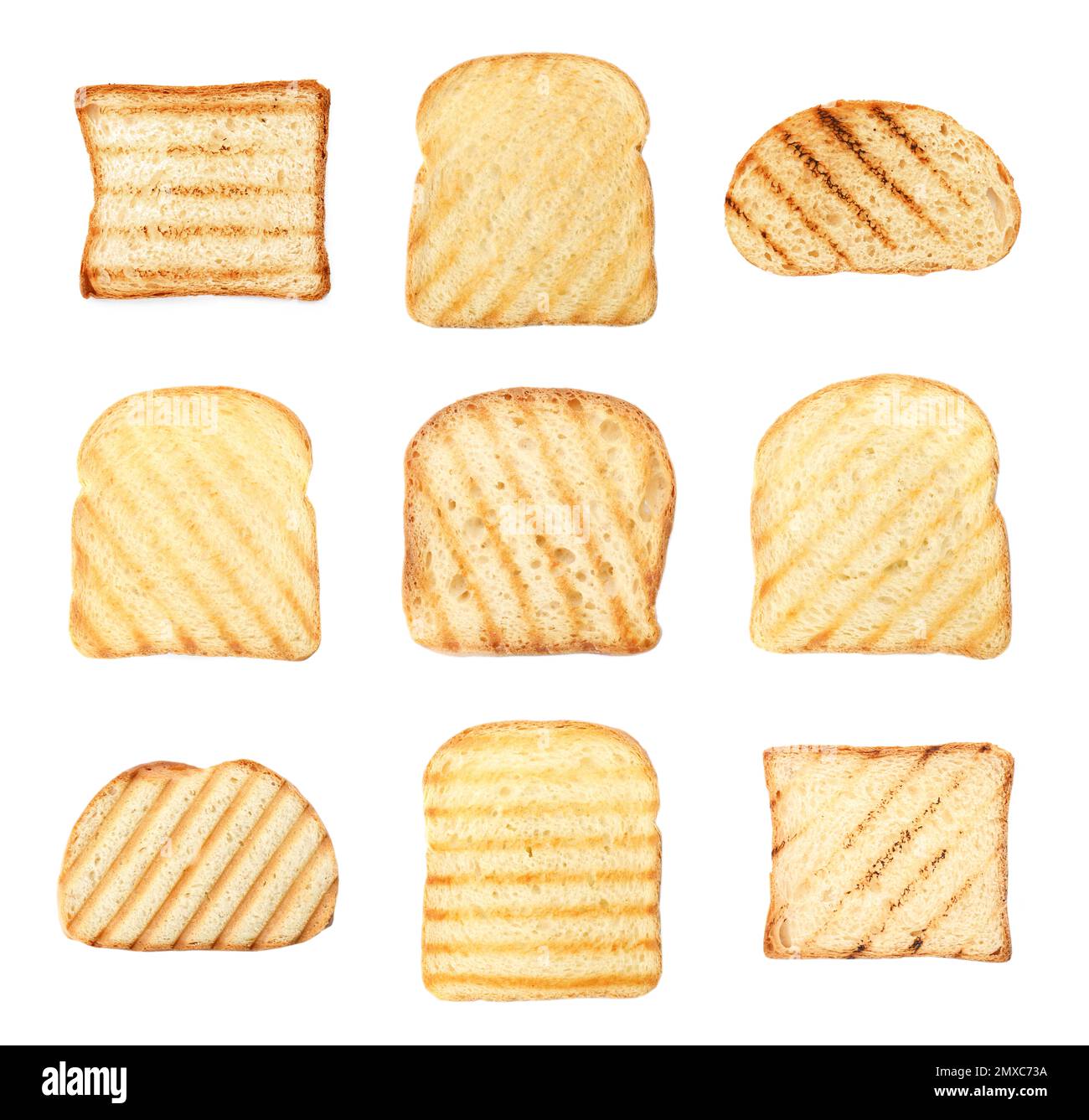 Set of toasted bread slices on white background, top view Stock Photo ...