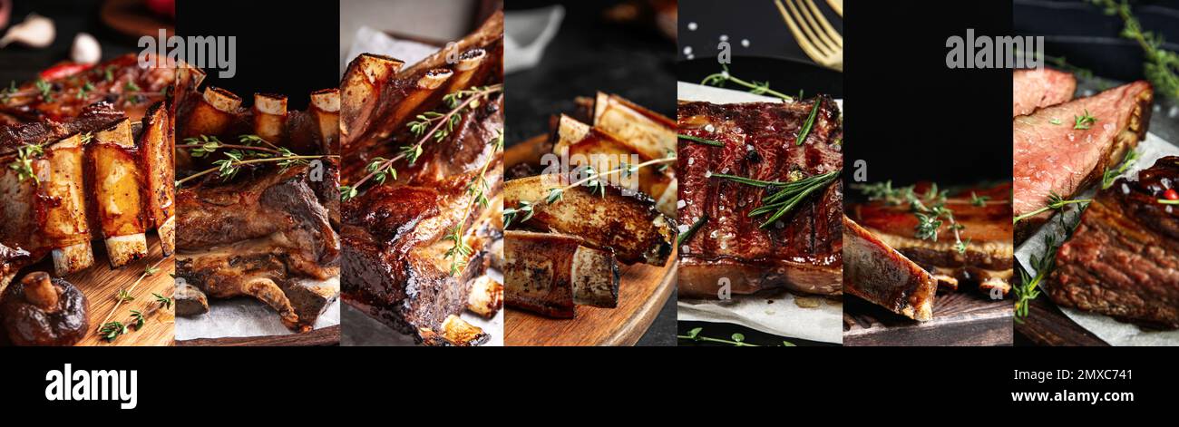 Collage with different photos of delicious grilled meat. Banner design ...