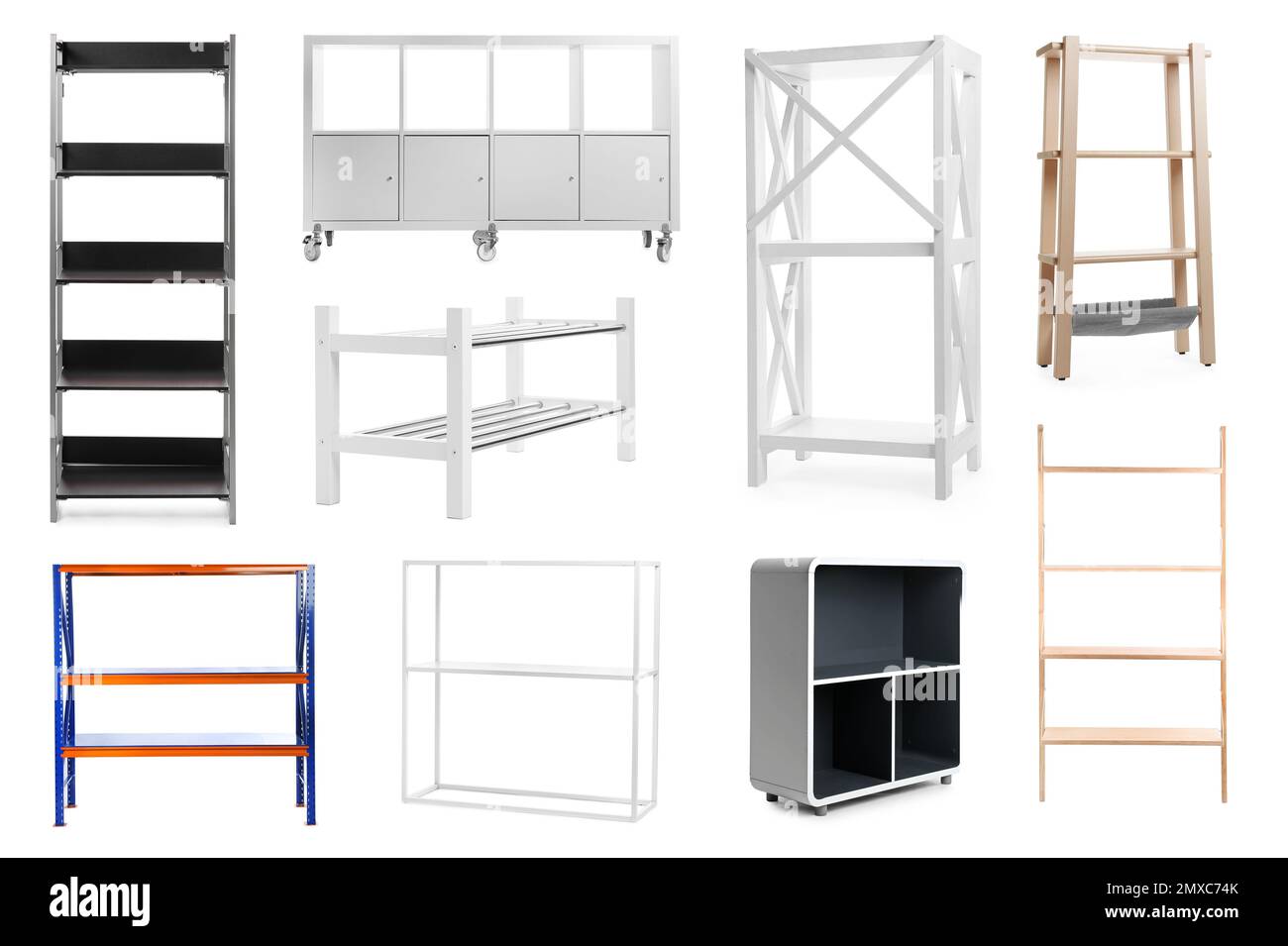 Set with empty shelving units on white background Stock Photo - Alamy
