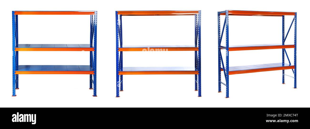 Set with empty shelving units on white background, banner design Stock ...