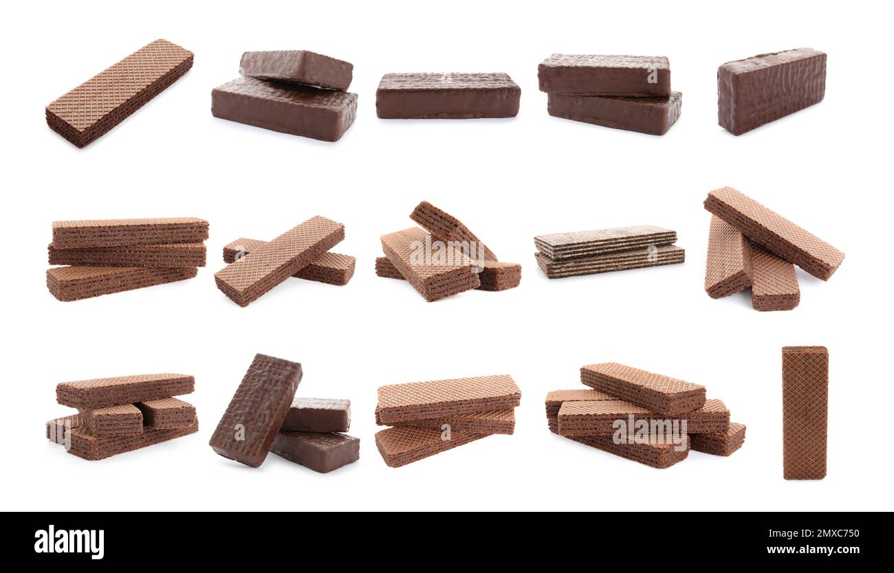 Set of different delicious crispy wafers on white background. Sweet ...