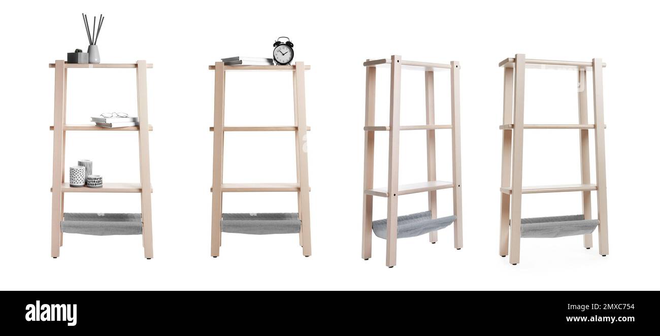 Set with wooden shelving units on white background, banner design Stock ...