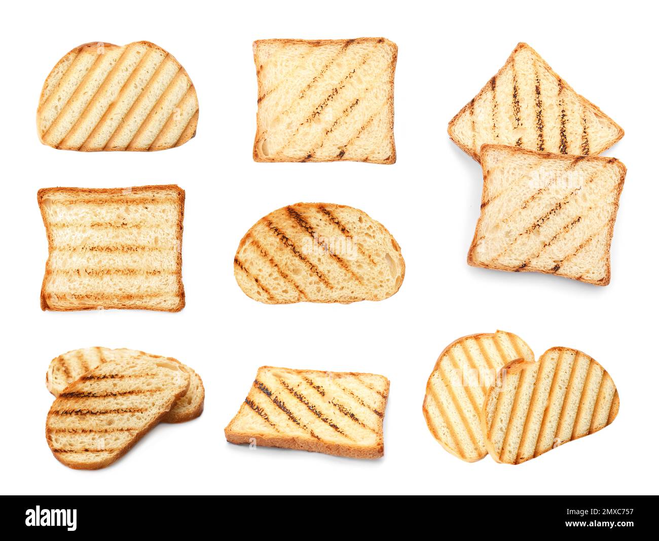 Set of toasted bread slices on white background Stock Photo - Alamy