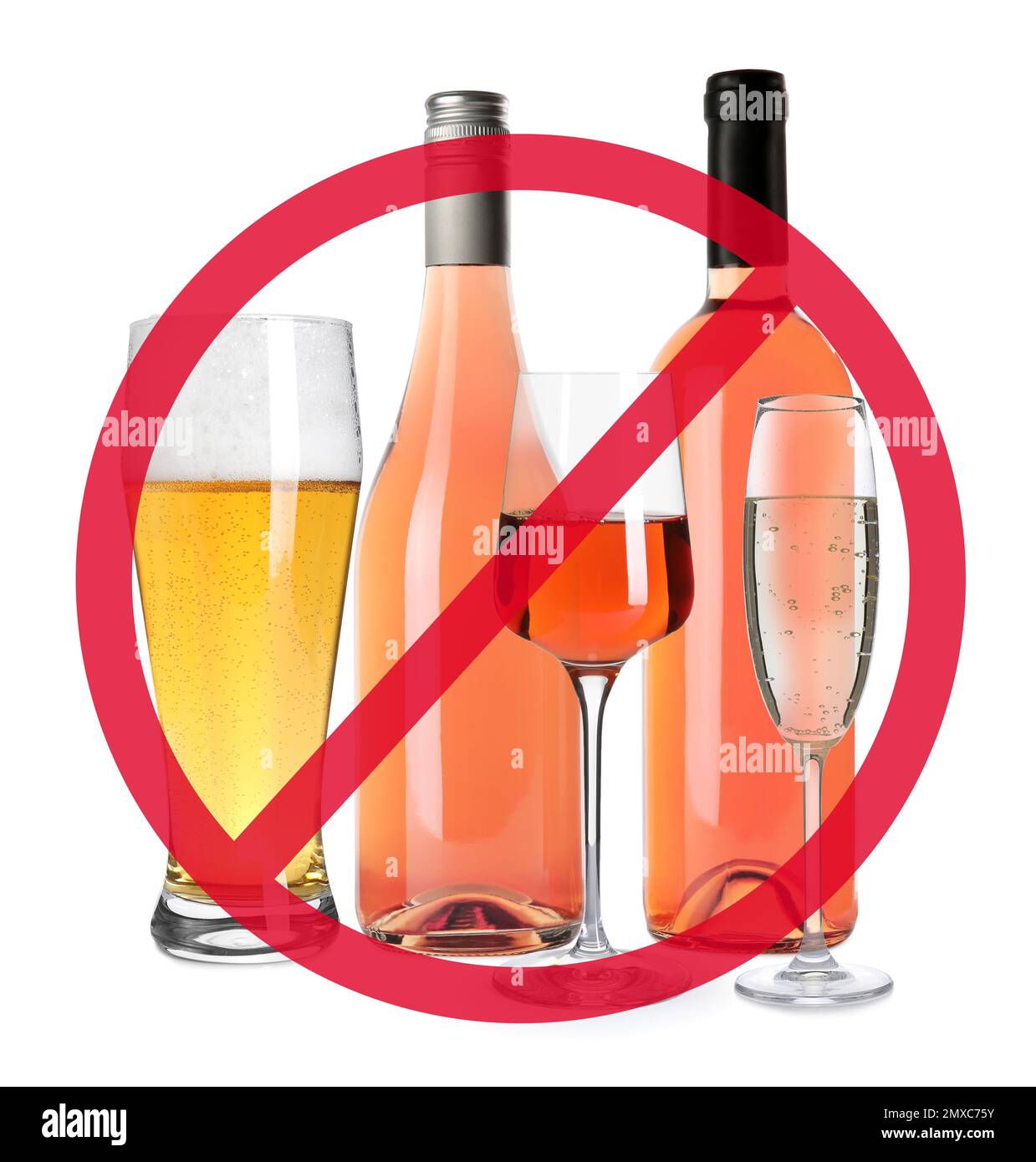 Set of different alcohol drinks and STOP sign on white background Stock ...