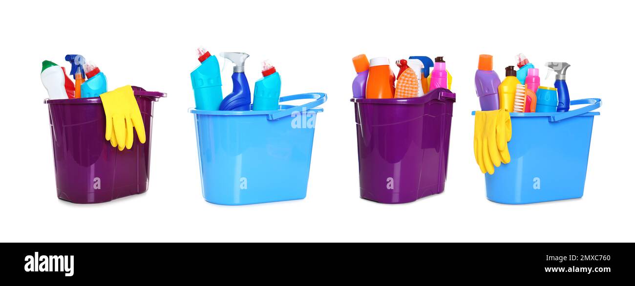 Buckets with cleaning supplies on white background. Banner design Stock ...