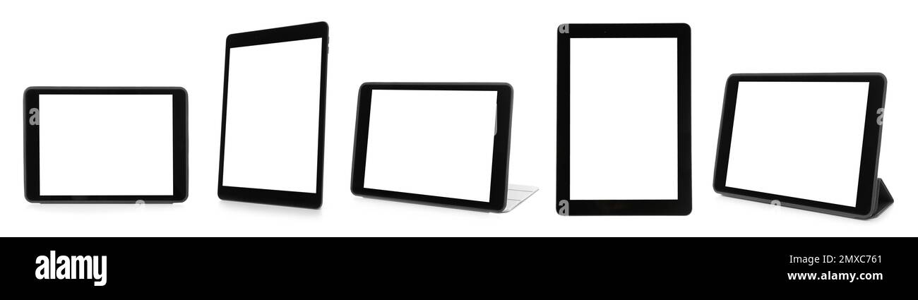 Set of tablet computers on white background, banner design. Space for ...