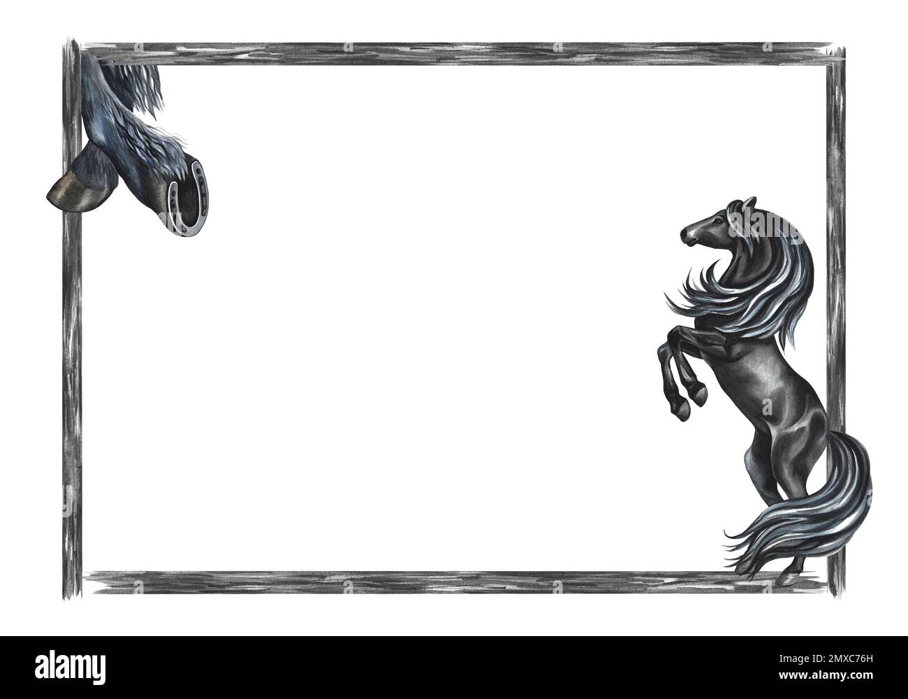 Wooden frame with black rearing horse and hooves. Watercolor drawing ...
