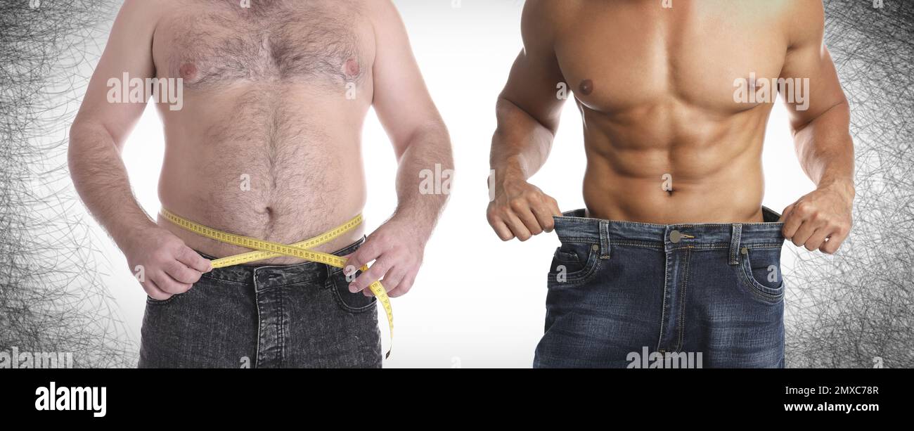 Slim and overweight men on color background, closeup Stock Photo - Alamy
