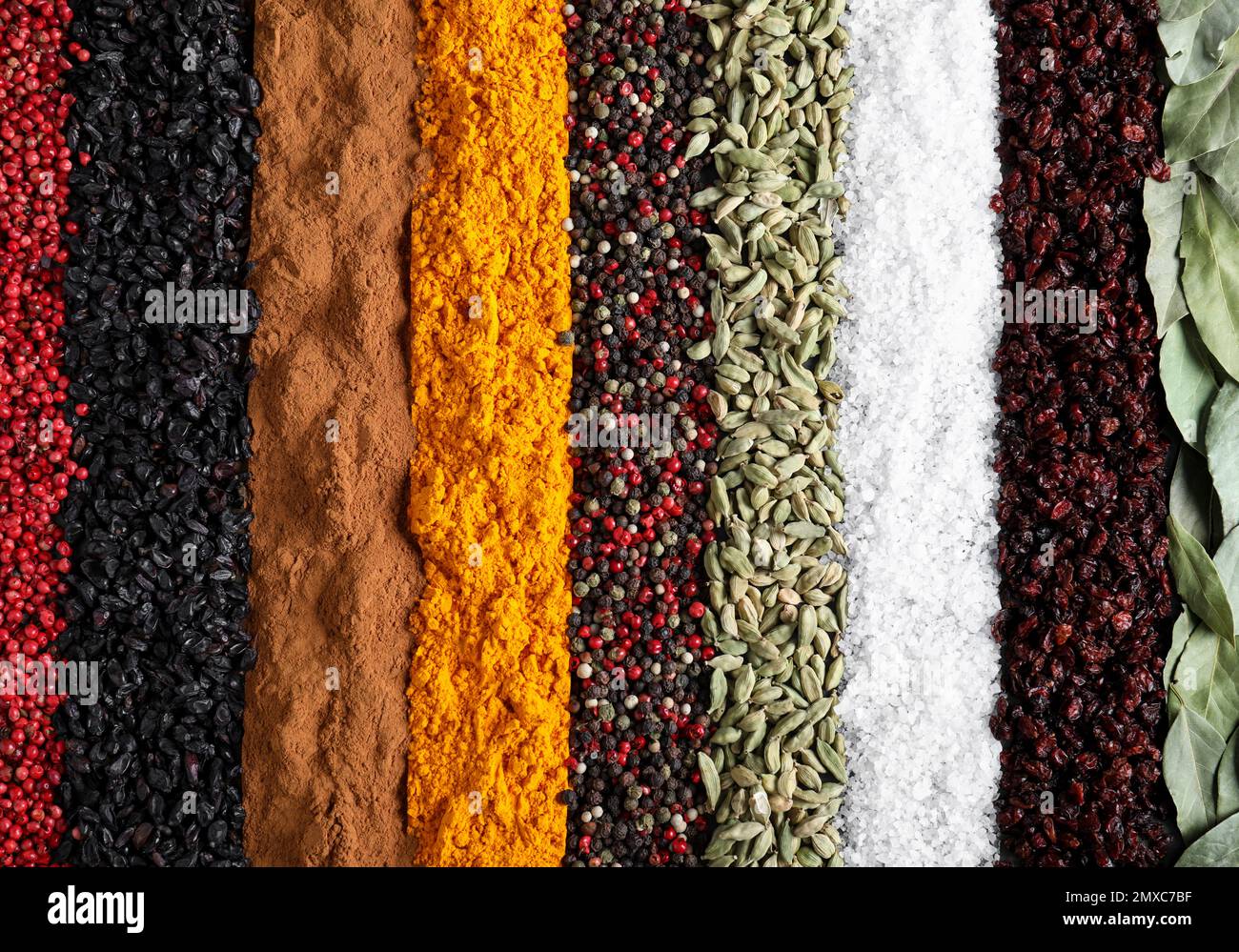 Many different spices as background, top view Stock Photo - Alamy