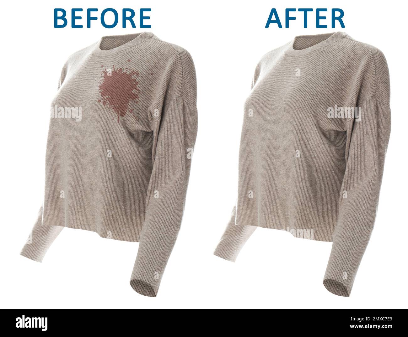 Stylish sweater before and after dry-cleaning on white background Stock ...