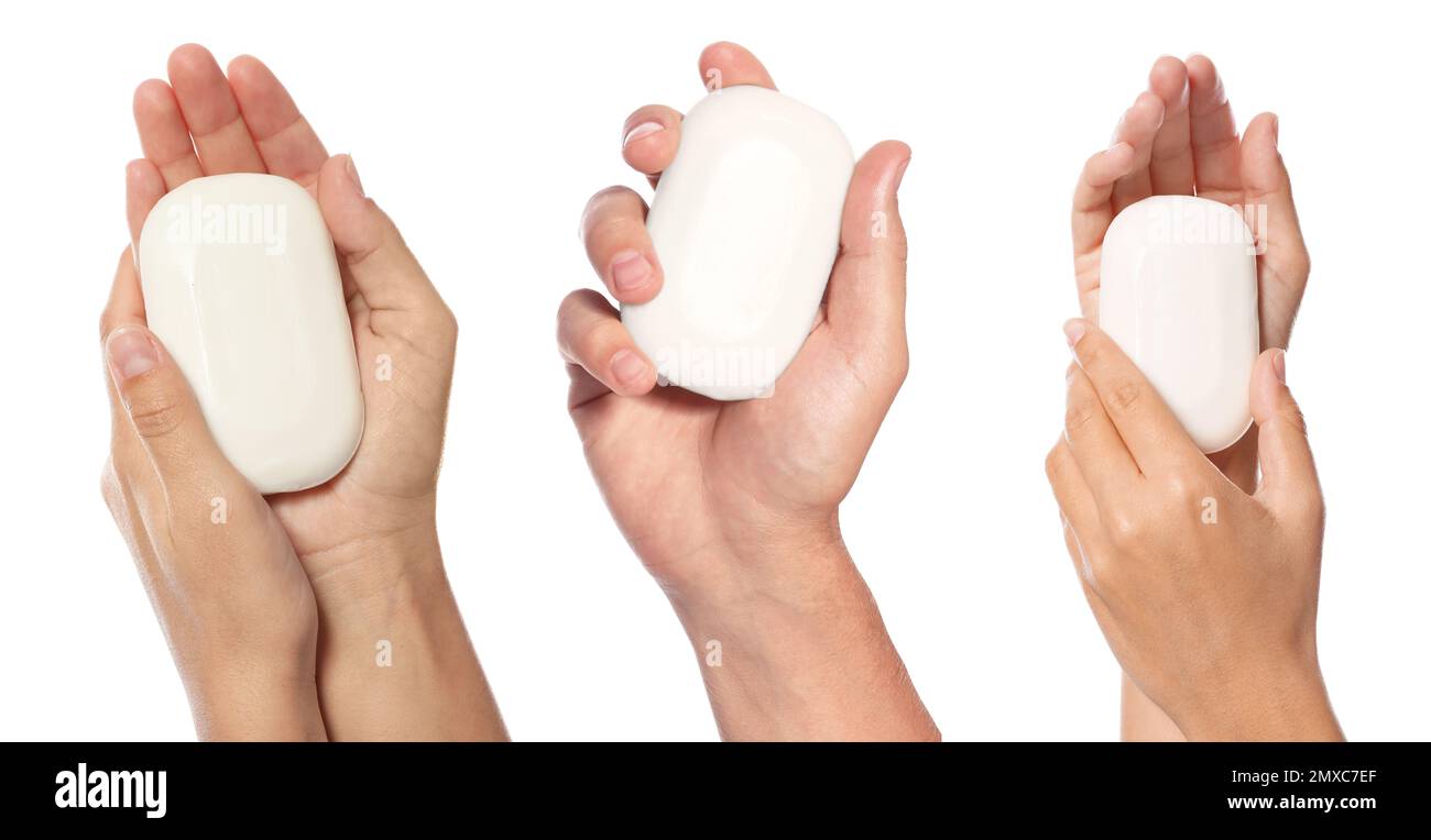 Closeup view of people holding soap bars on white background, collage ...