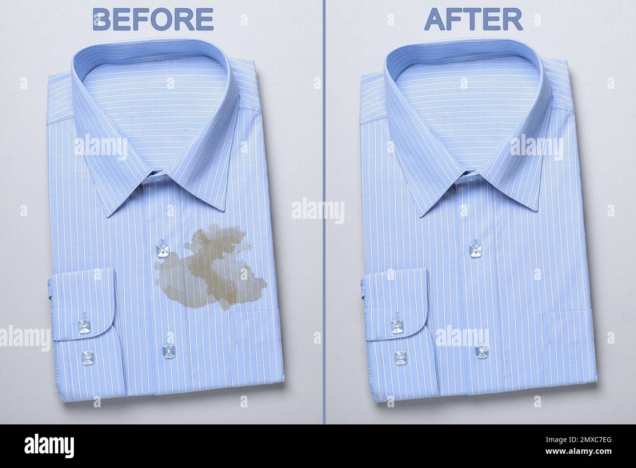 Stylish shirt before and after dry-cleaning on white background, top ...