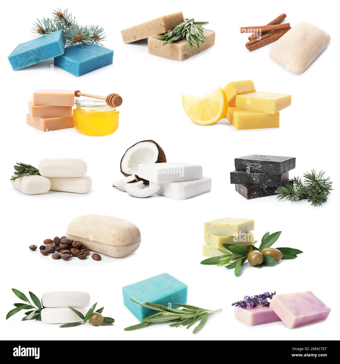 Set of different soap bars and ingredients on white background Stock ...