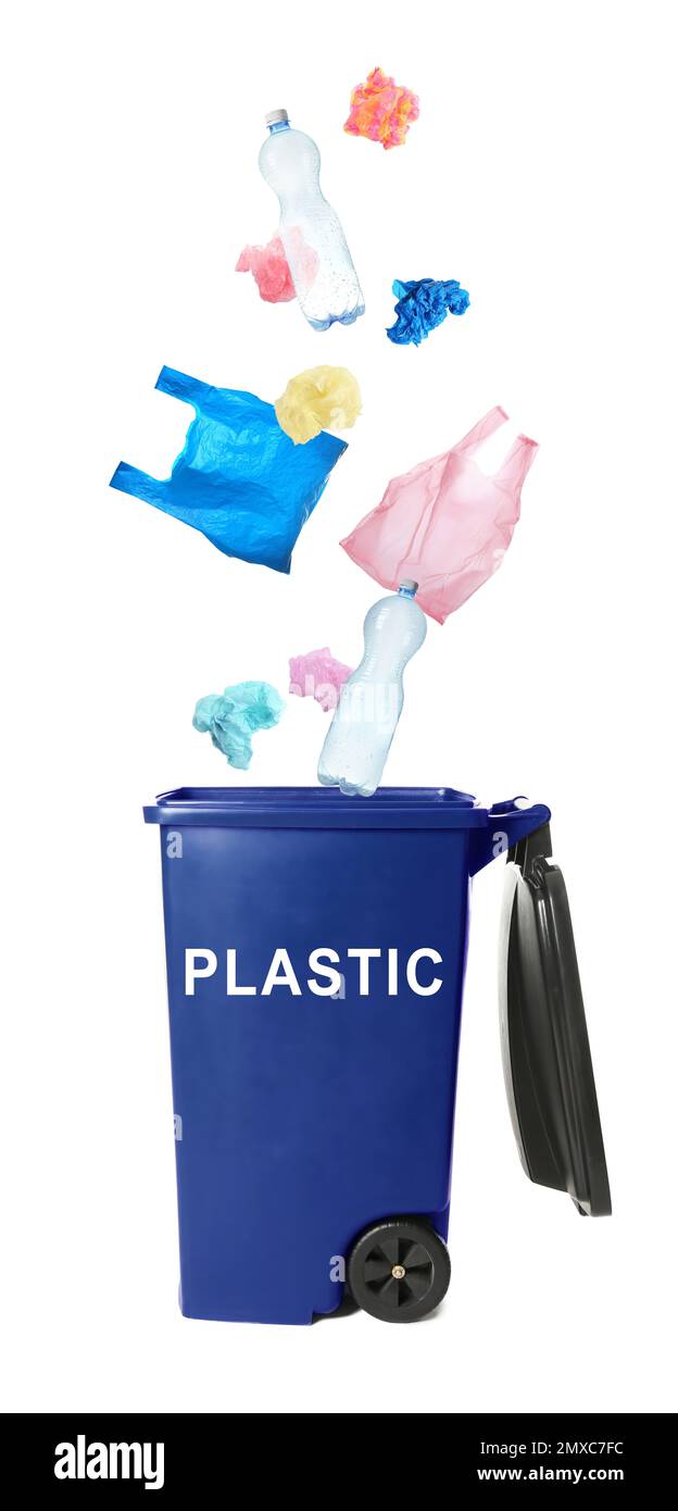 Different plastic garbage falling into trash bin. Waste management and ...