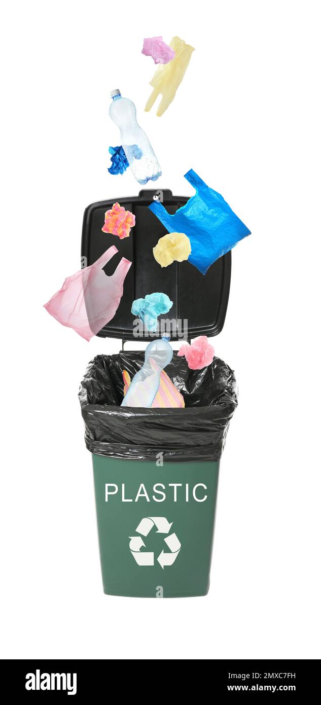 Different plastic garbage falling into trash bin. Waste management and ...