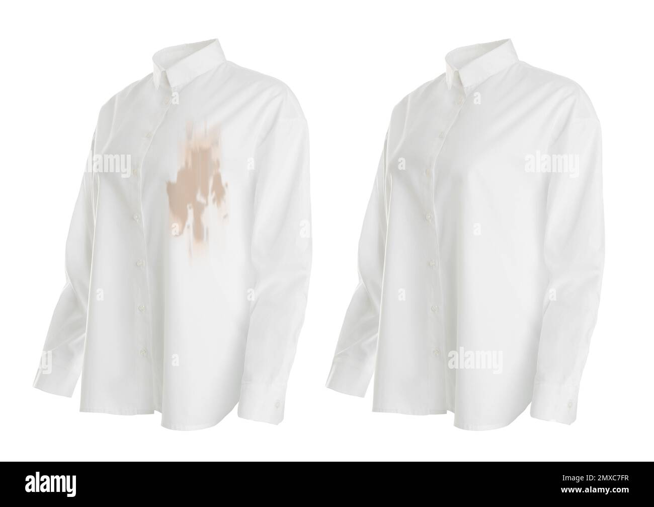 Stylish shirt before and after dry-cleaning on white background Stock ...