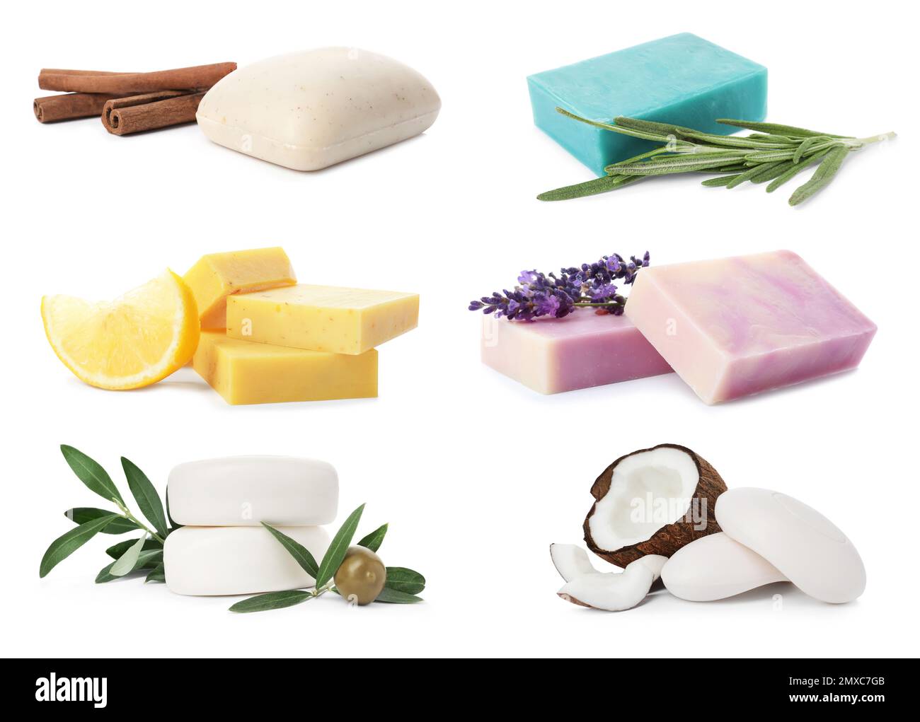 Set of different soap bars and ingredients on white background Stock ...