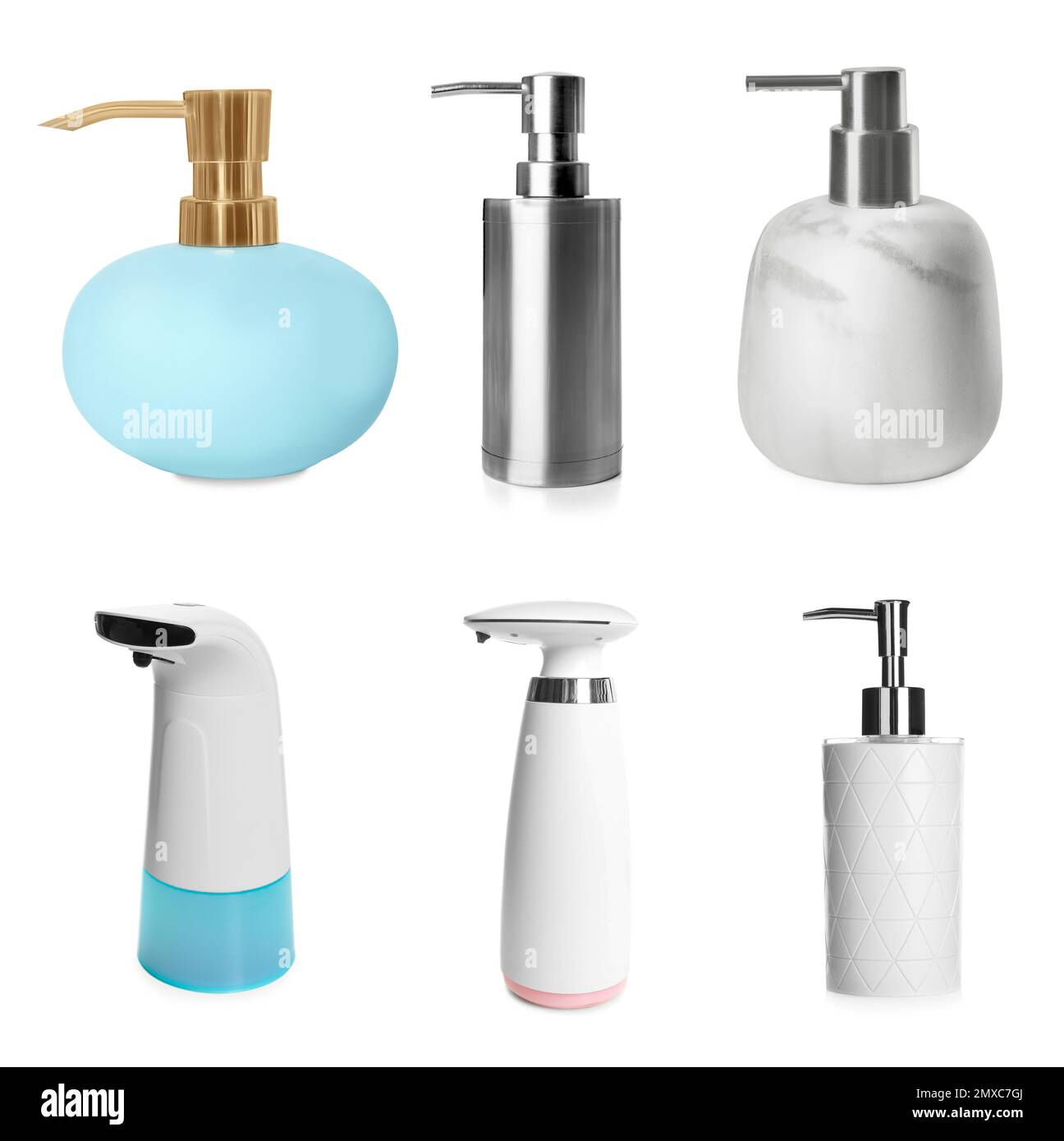 Set of different soap dispensers on white background Stock Photo - Alamy