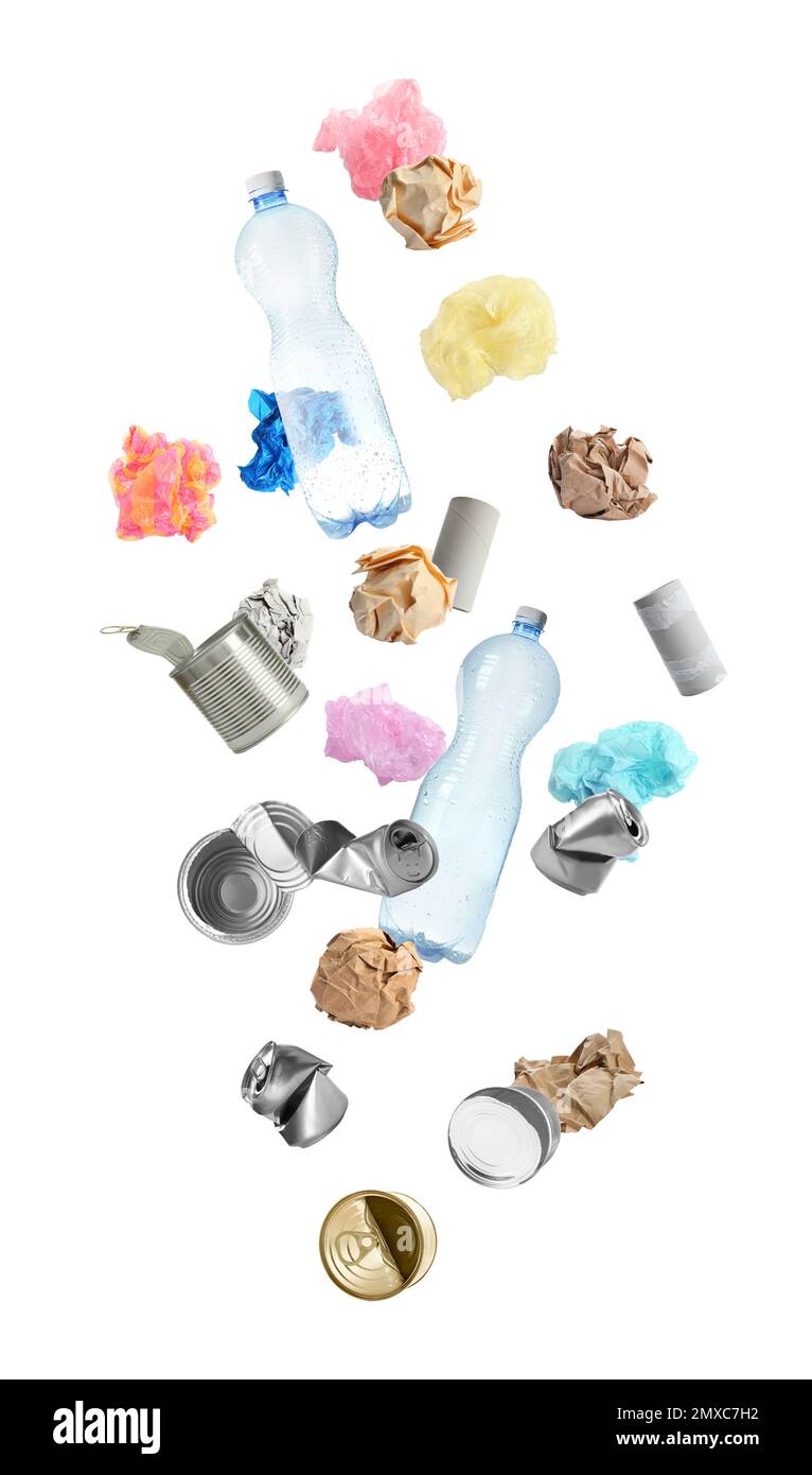 Set of different falling garbage on white background. Waste management ...