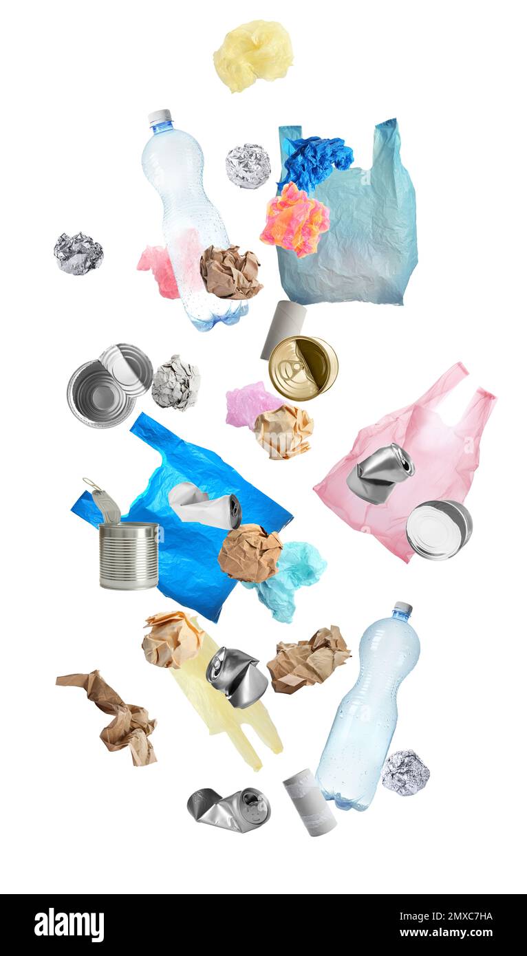 Set of different falling garbage on white background. Waste management ...