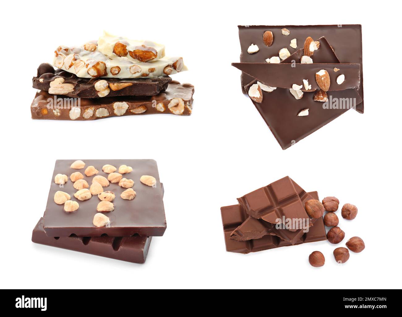 Set with different types of chocolate with nuts on white background ...