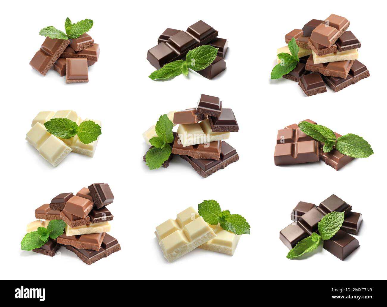 Set with different types of chocolate with mint on white background ...