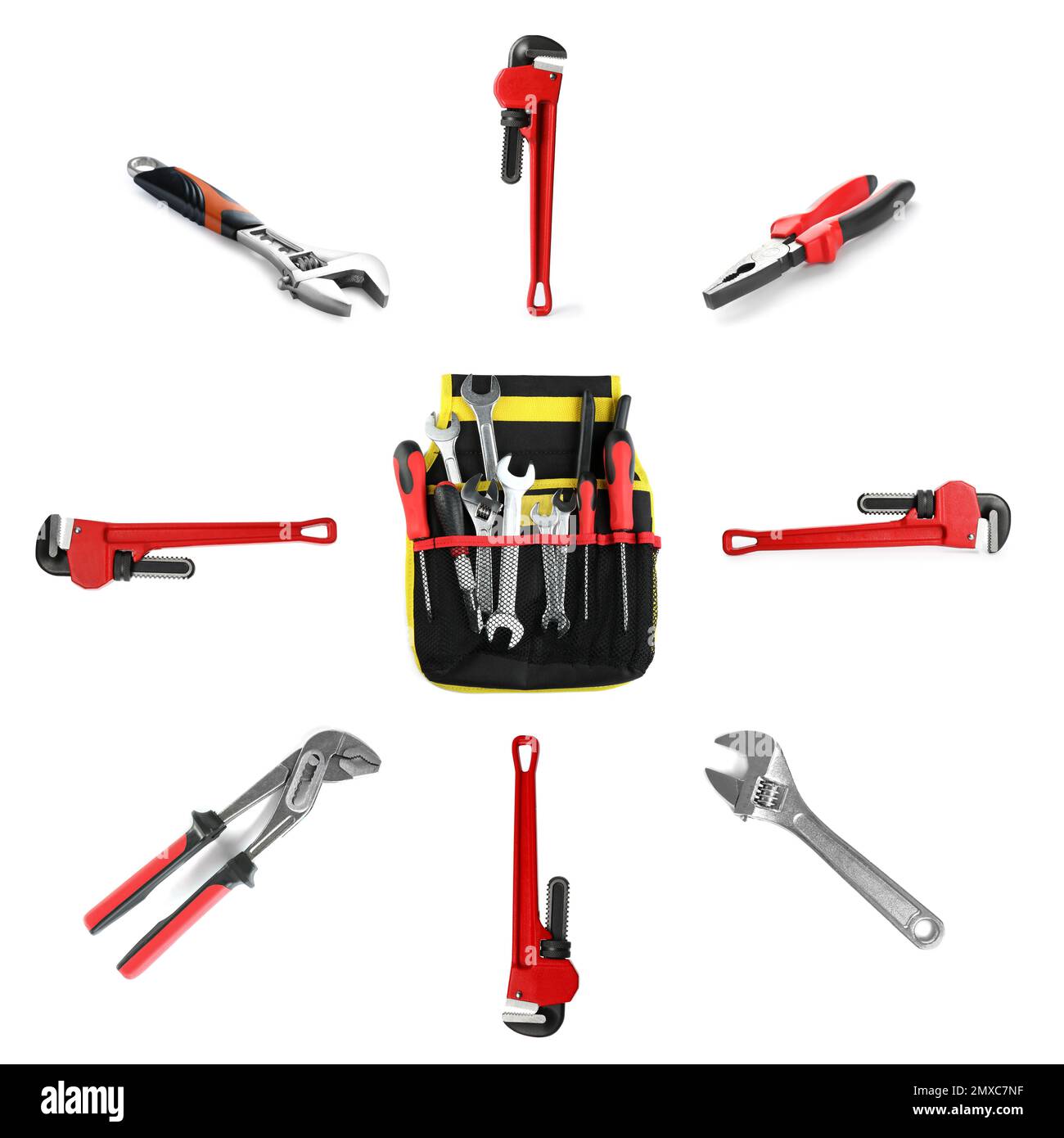 Set with bag and different plumber's tools on white background Stock ...