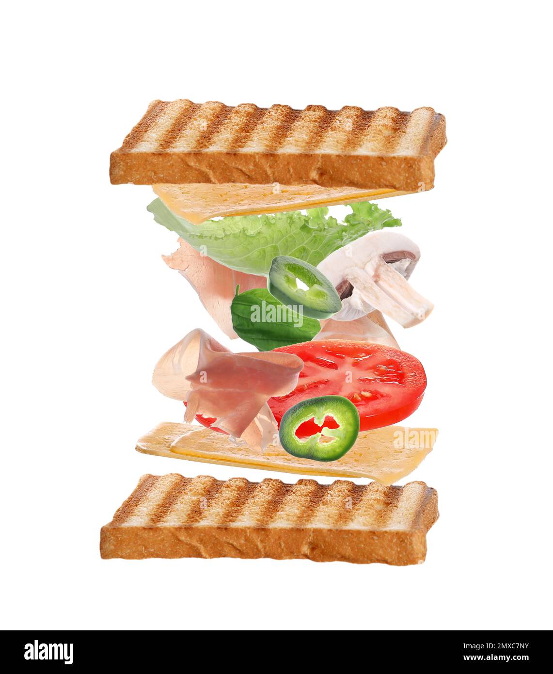 Delicious sandwich with flying toasted bread, prosciutto and other ...