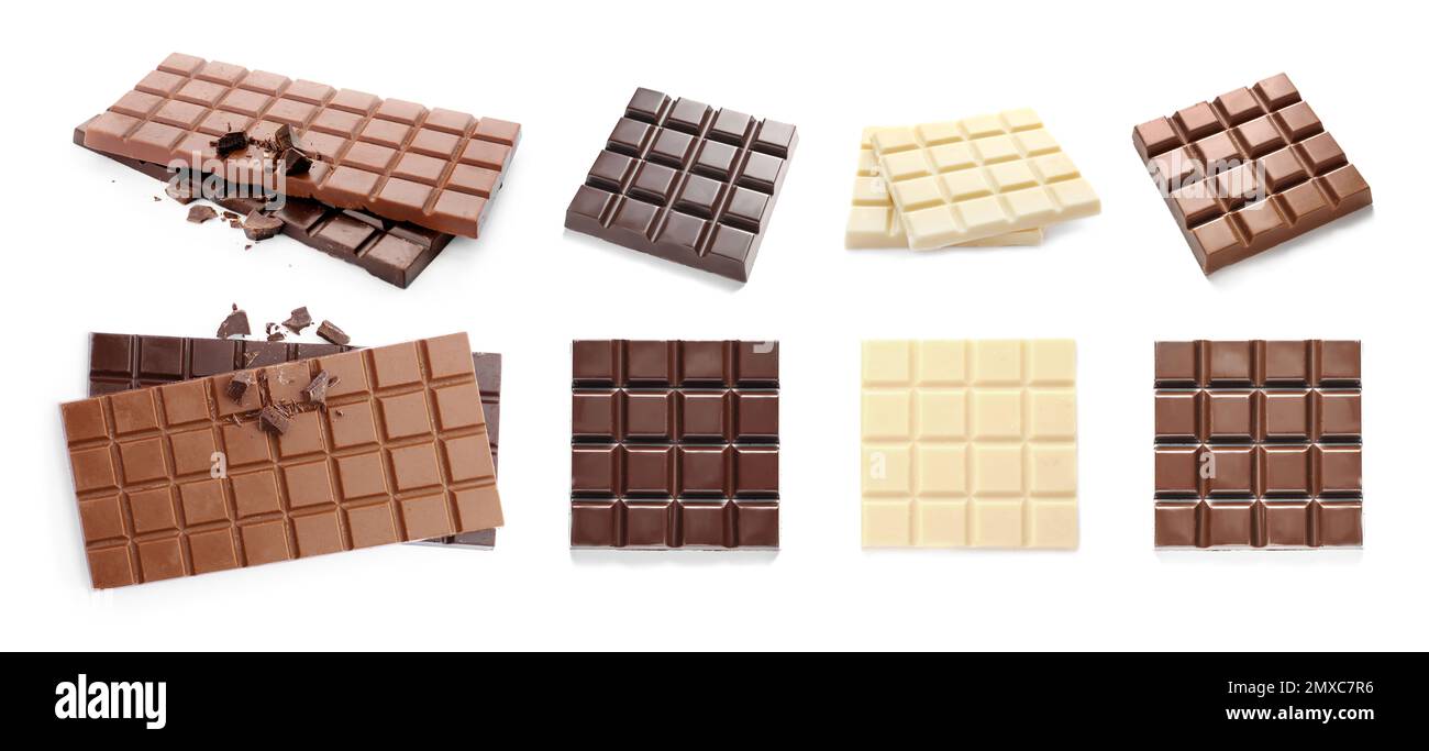 Set with different types of chocolate bars on white background. Banner ...