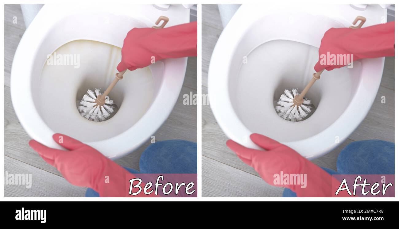 Woman cleaning toilet bowl with brush in bathroom, closeup. Before and ...