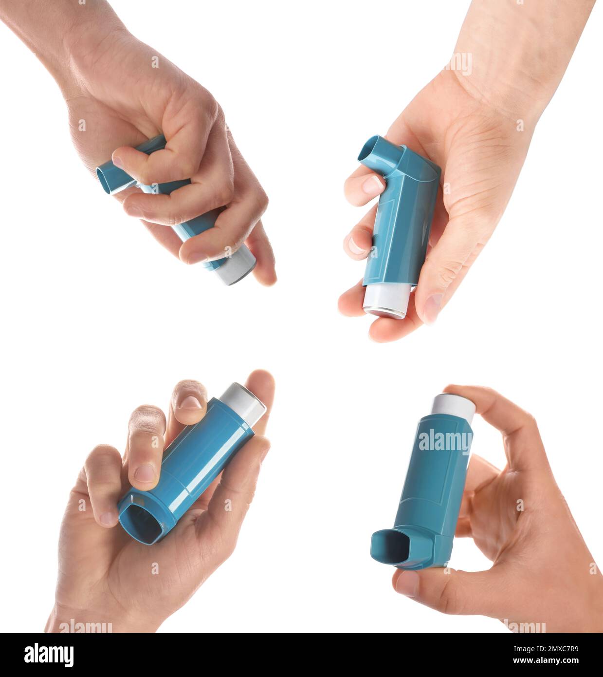 Collage with photos of people holding asthma inhalers on white ...