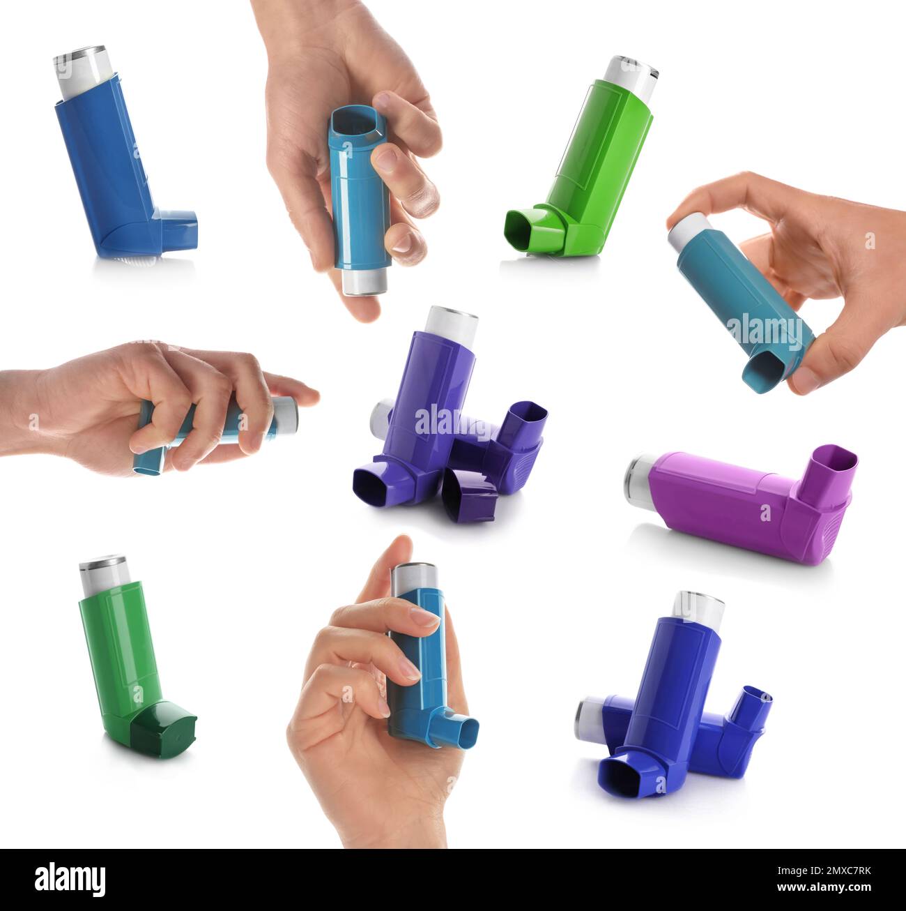 Collage with portable asthma inhalers on white background Stock Photo ...