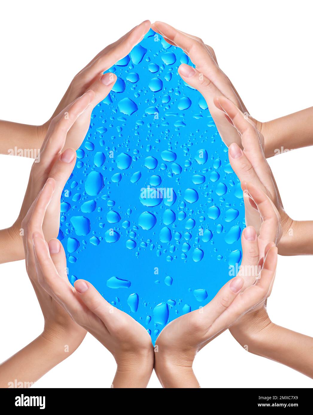 Women forming water drop with their hands on white background. Ecology ...