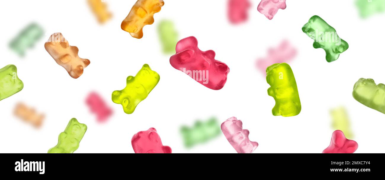 Set of delicious jelly bears falling on white background, banner design ...