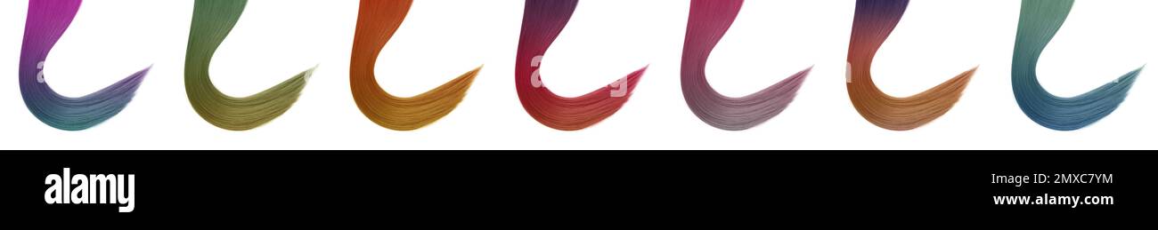 Set with color hair samples on white background, top view. Banner ...