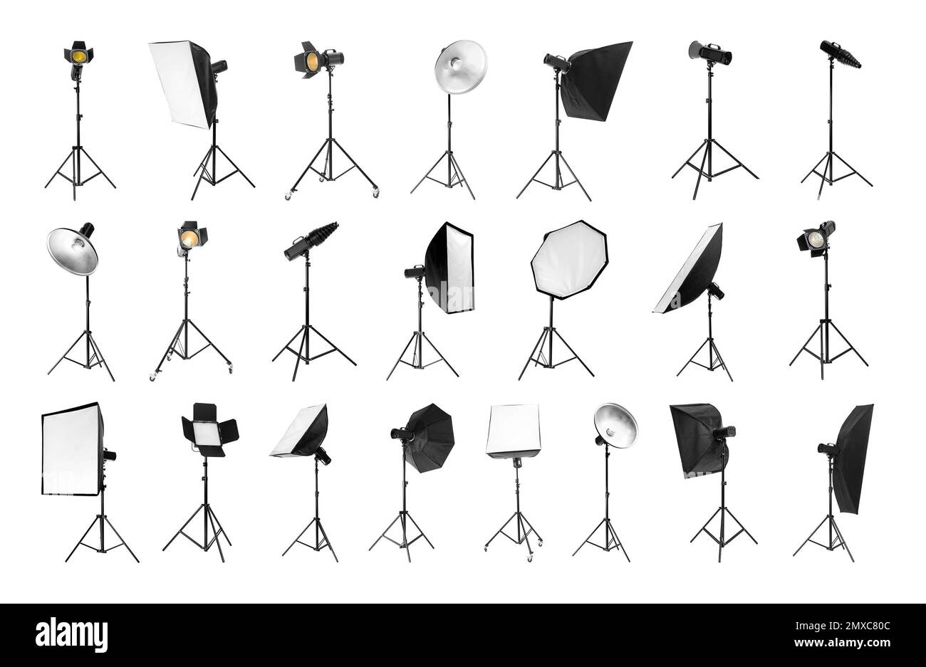 Set with different studio lightings on white background Stock Photo - Alamy