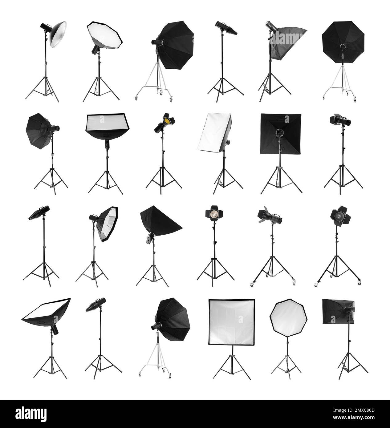 Set with different studio lightings on white background Stock Photo - Alamy